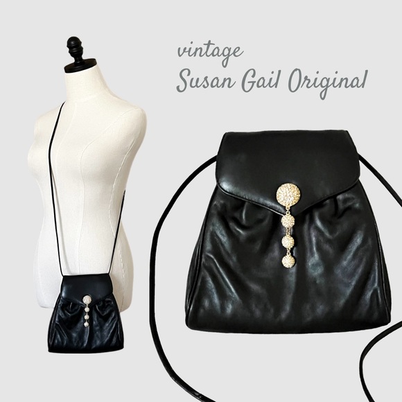 Vintage | Bags | Vintage Susan Gail Black Leather Rhinestone Trim ...